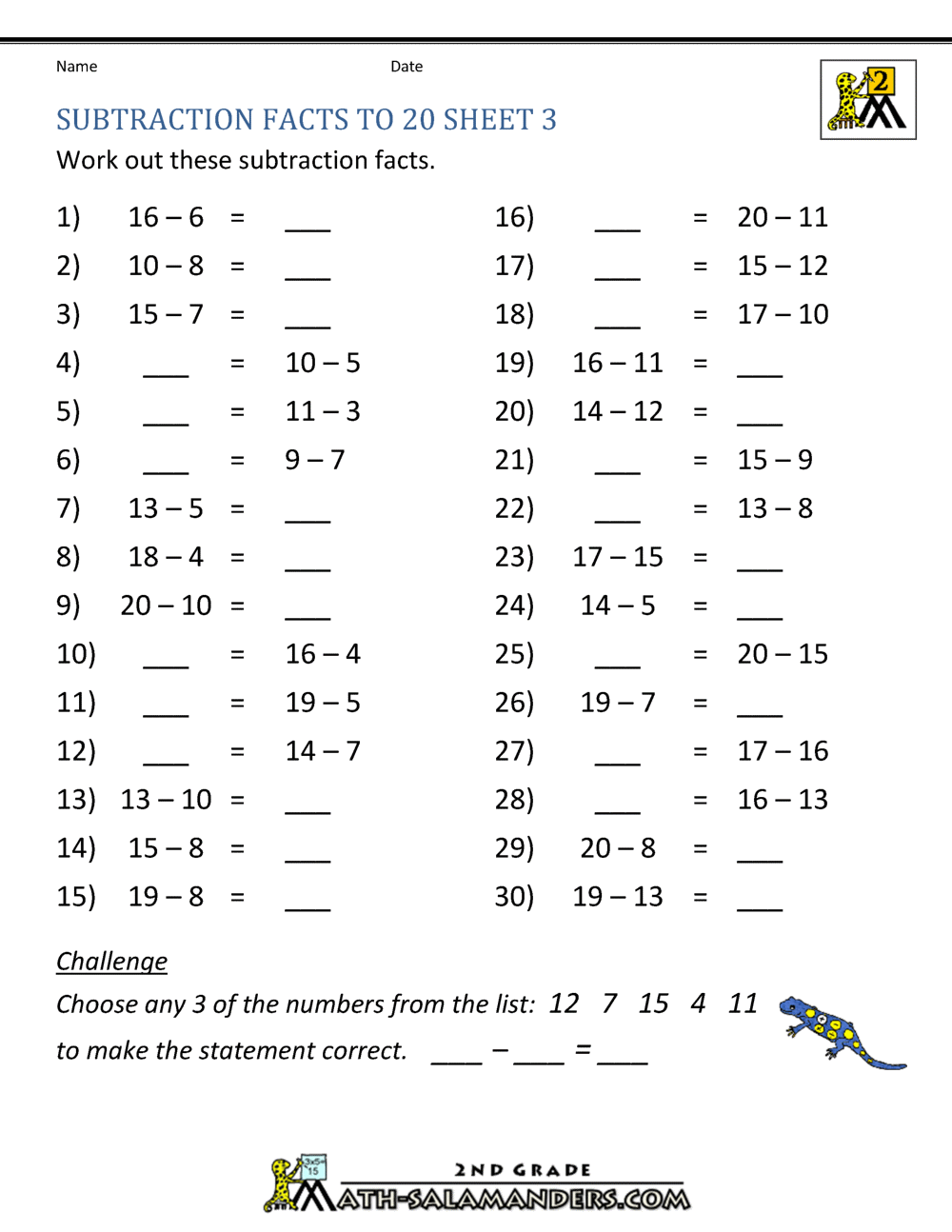 Subtraction Facts Worksheets