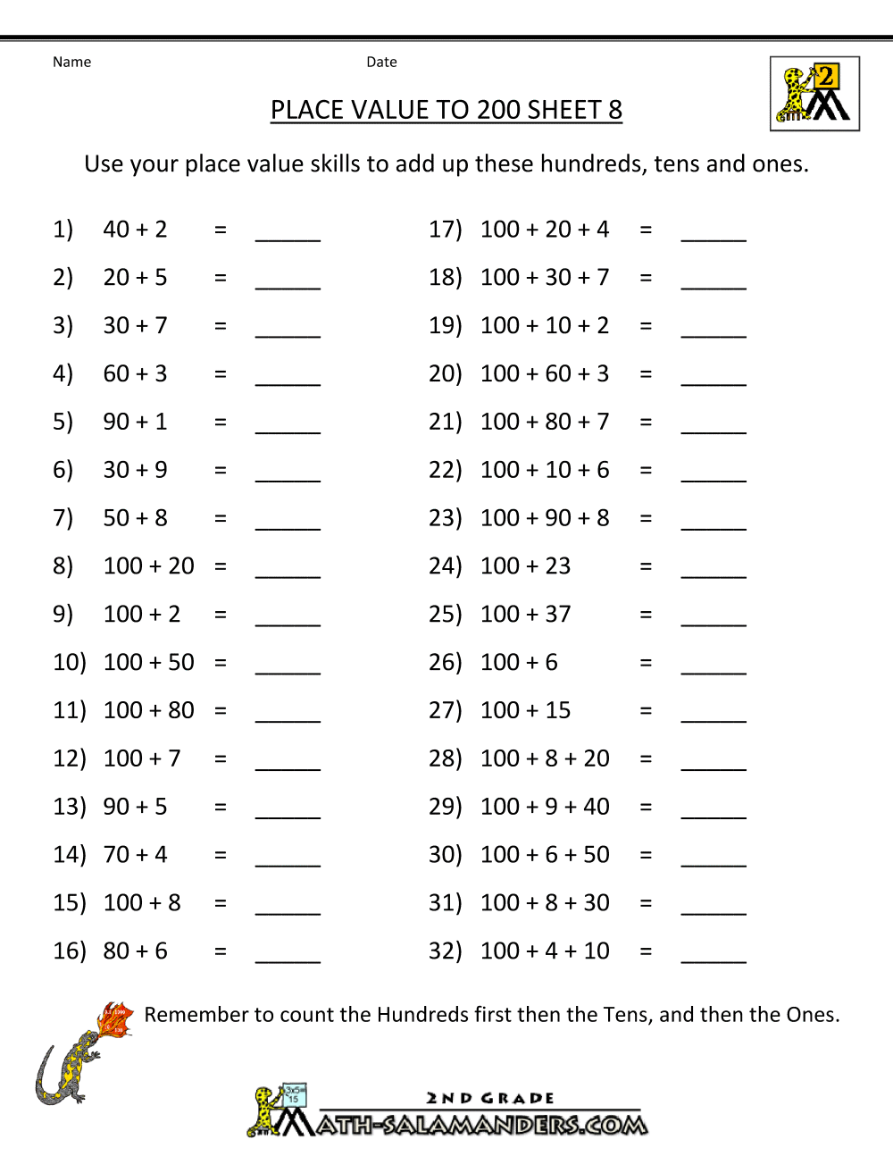 Place Value Worksheet Numbers To 200