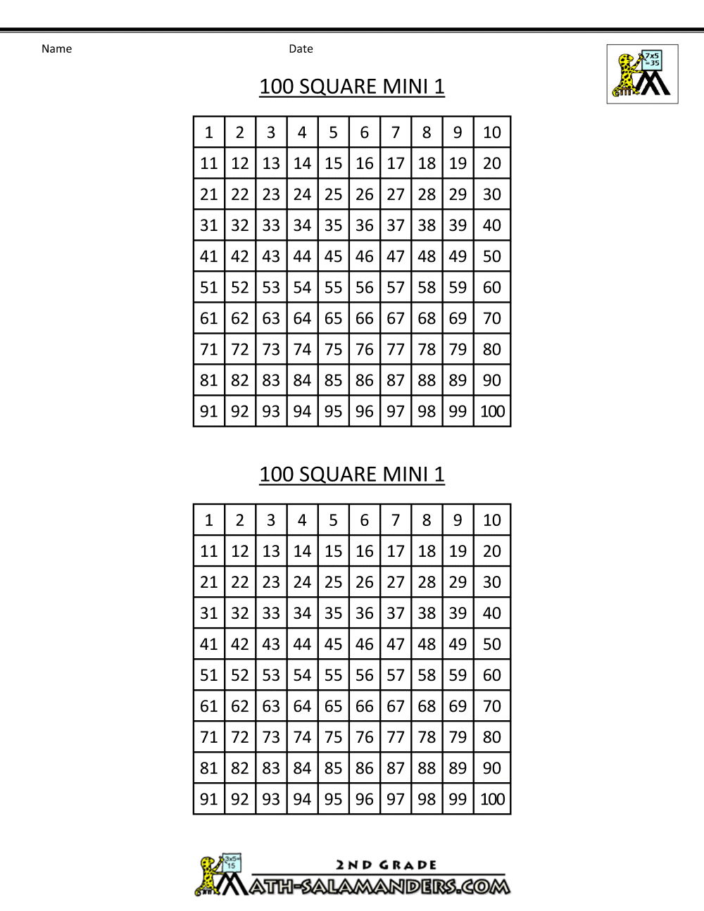 Number Squares Worksheets