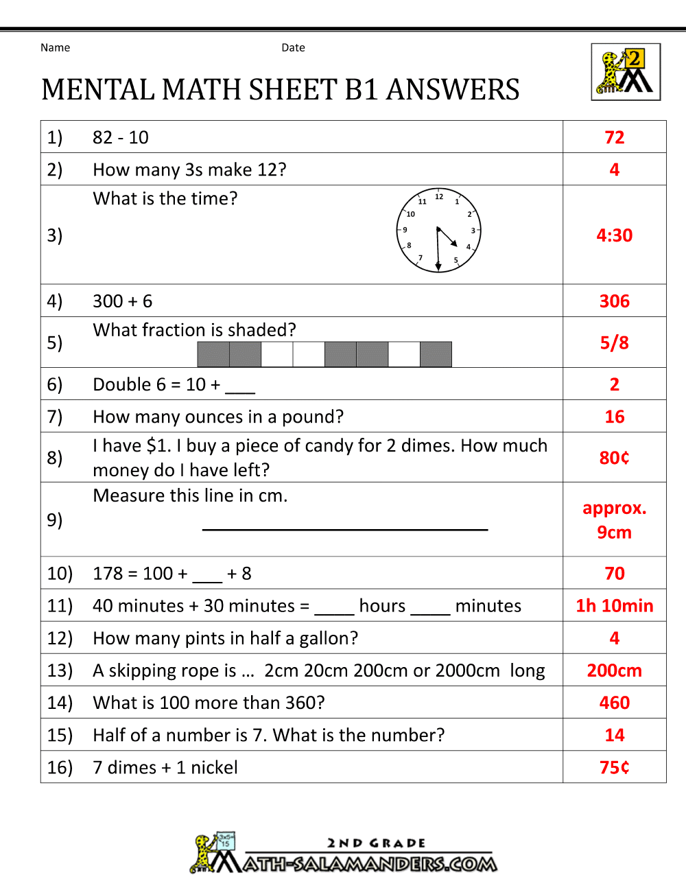 Mental Math 2nd Grade