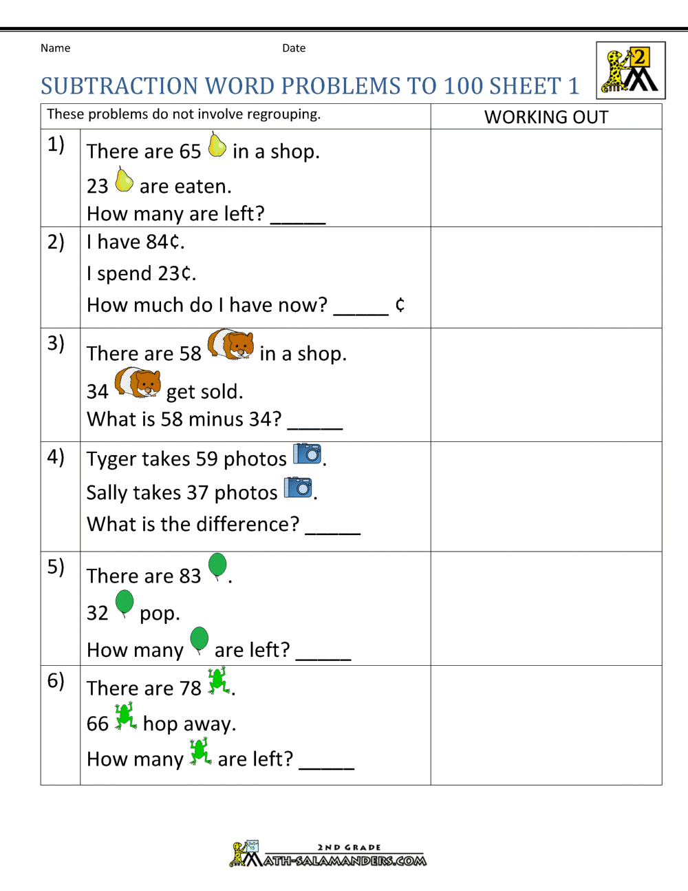 Grade 1 Word Problems Subtraction Subtraction Word Problems 
