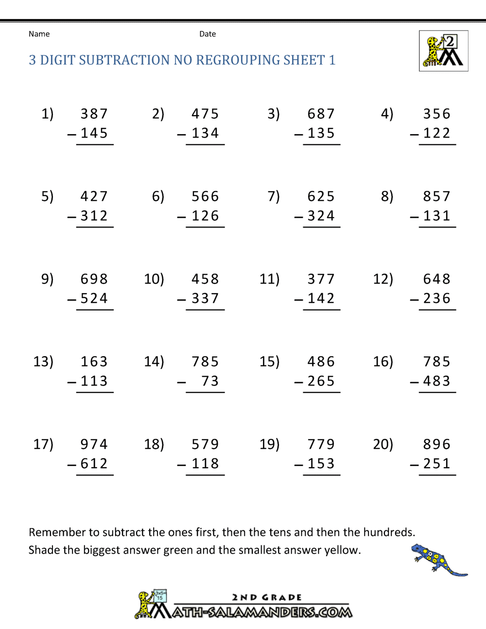 Three Digit Subtraction Without Regrouping Worksheets