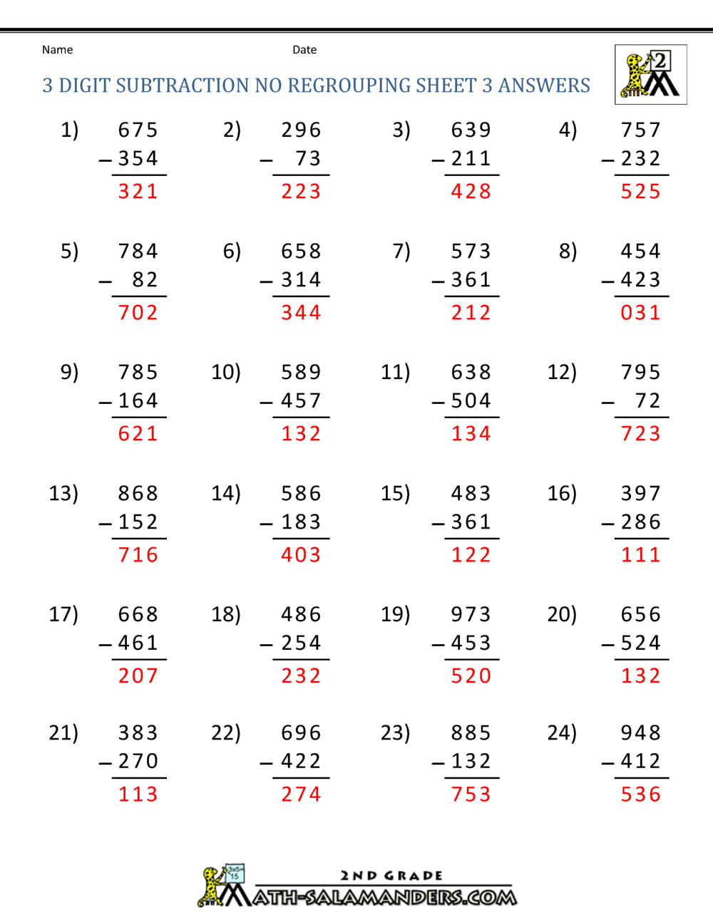 Three Digit Subtraction Without Regrouping Worksheets