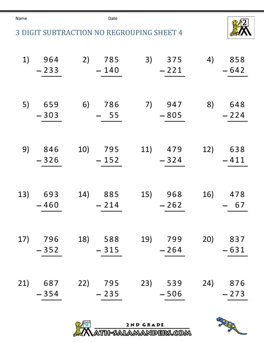 Three Digit Subtraction Without Regrouping Worksheets