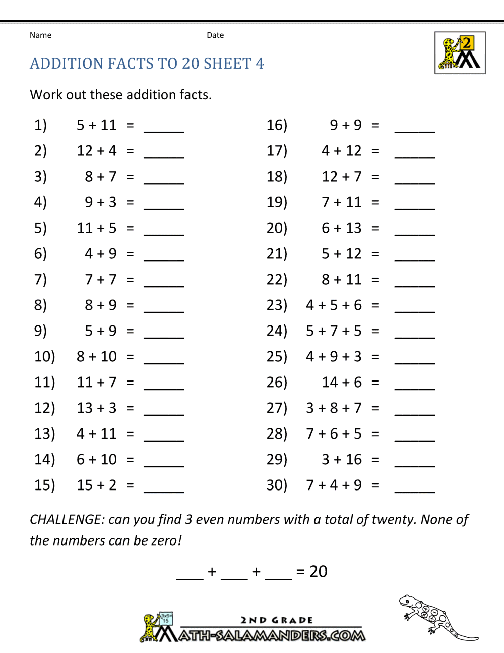 Math Addition Facts To 20
