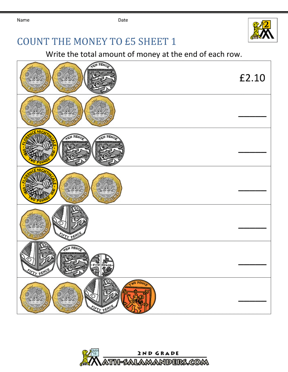 UK Money Worksheets To 5