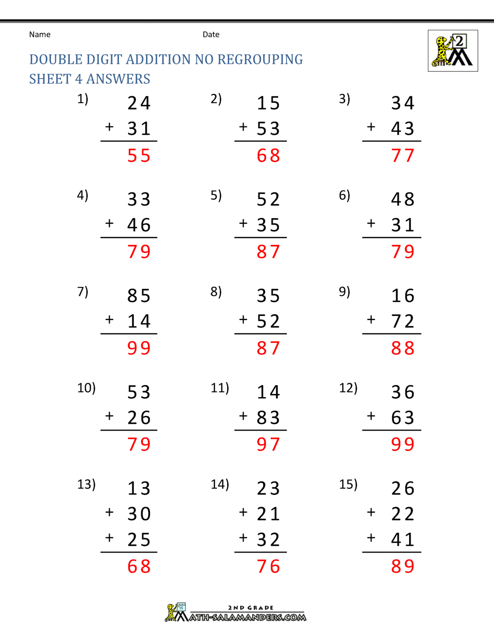 Double Digit Addition Without Regrouping