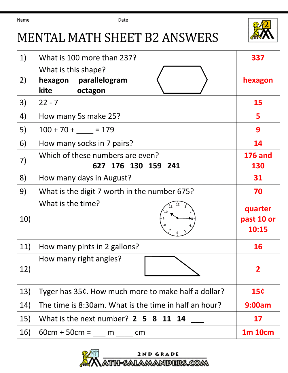 Mental Math 2nd Grade