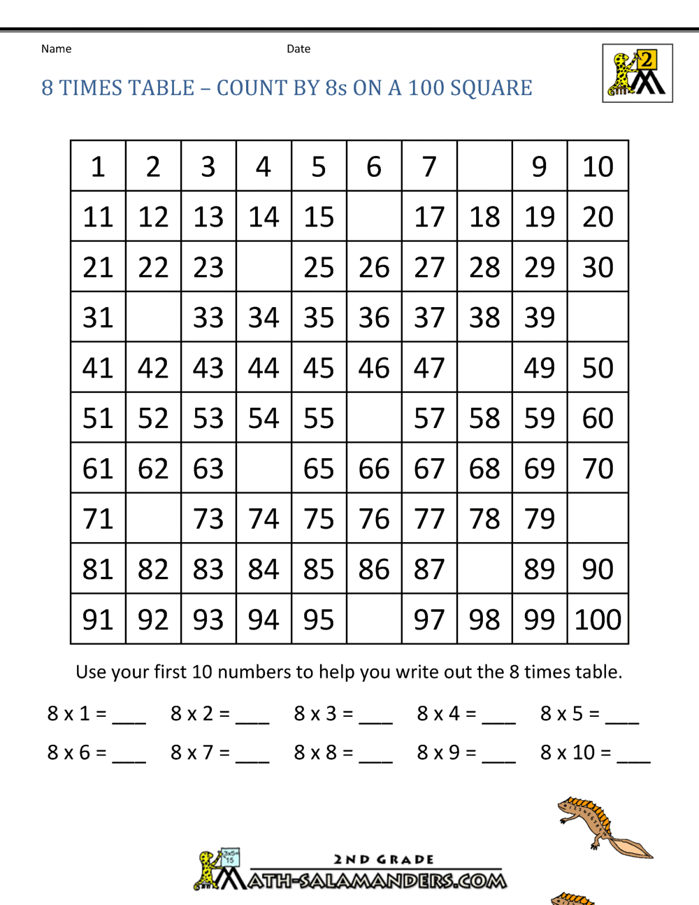 Eight Times Table Worksheet