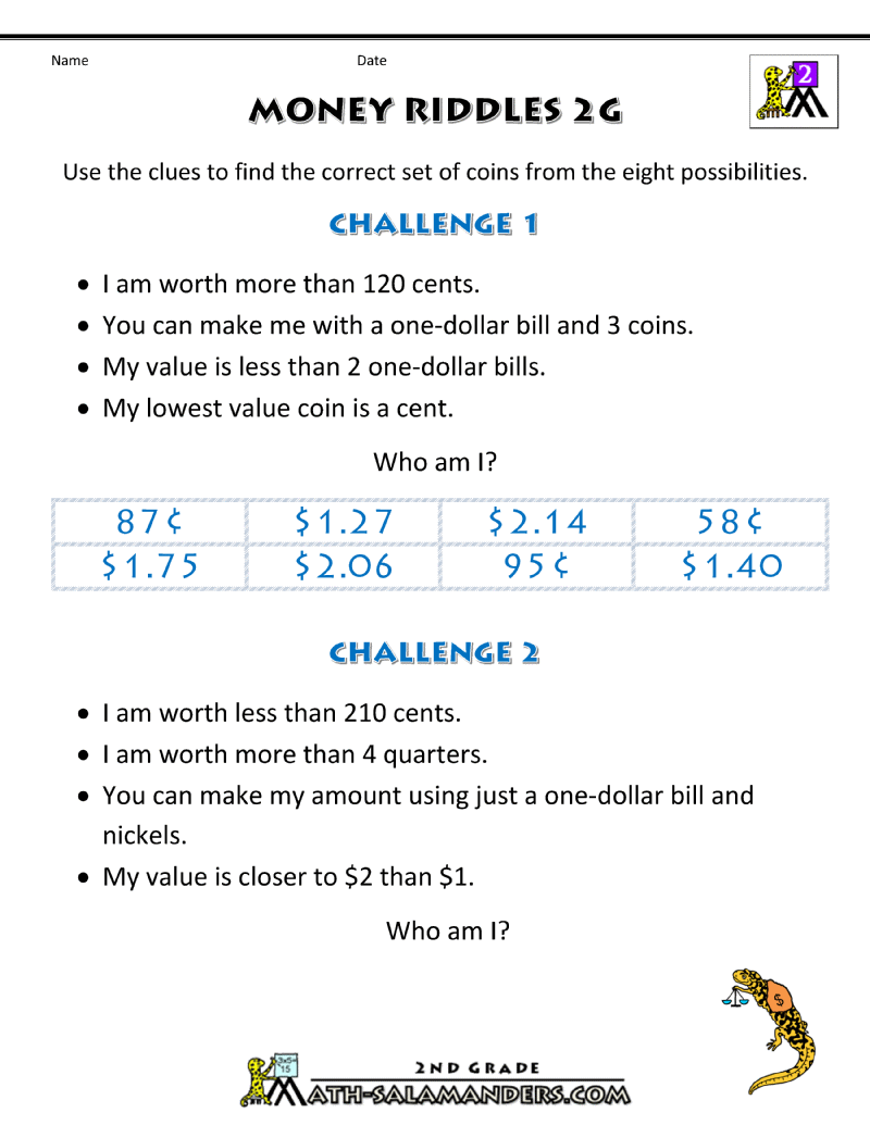 Money Math Worksheets Money Riddles