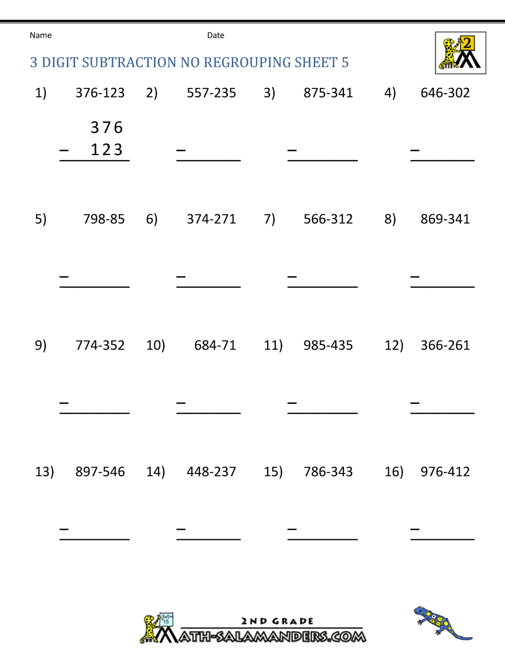 Three Digit Subtraction Without Regrouping Worksheets