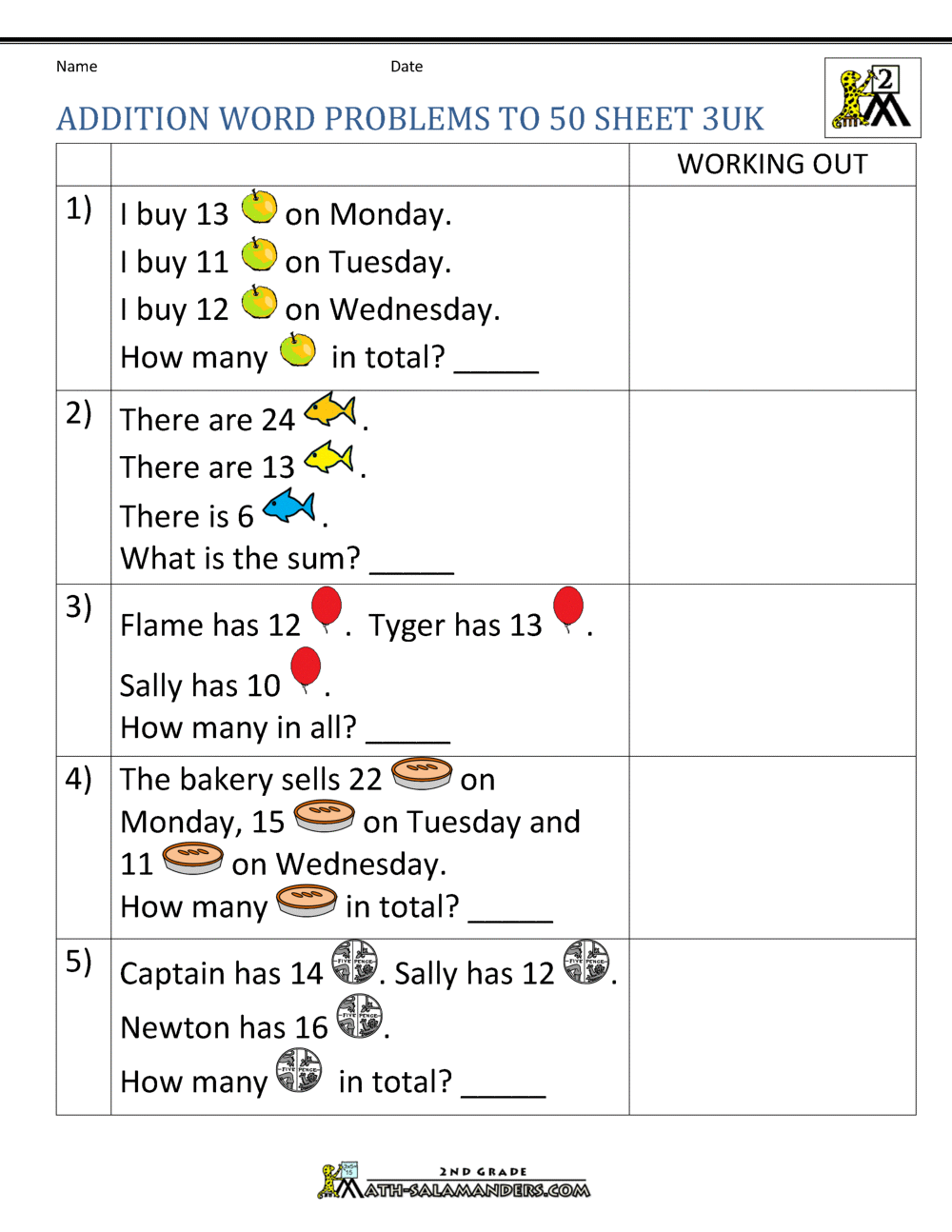 Addition Word Problems 2nd Grade