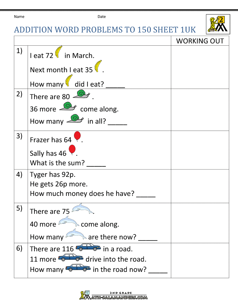 Addition Word Problems 2nd Grade